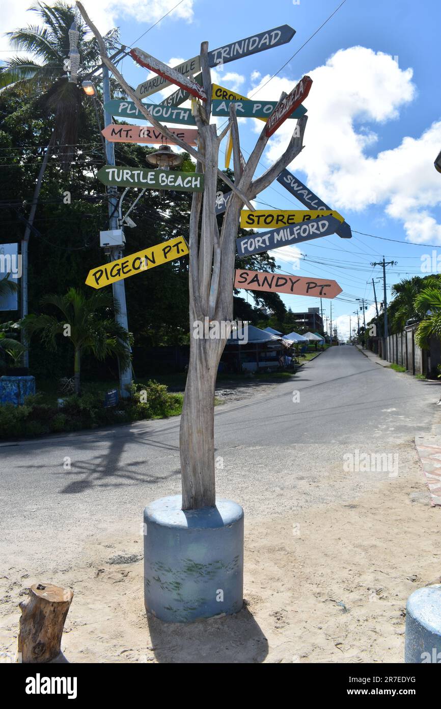 Signs on the seashore of Swallow's Bay, Tobago Stock Photo - Alamy