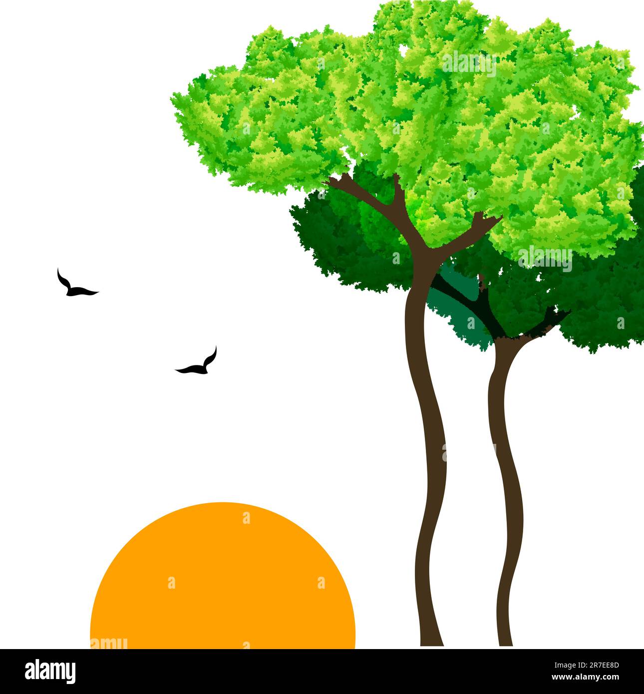 illustration of sunrise view with tree and flying birds Stock Vector ...