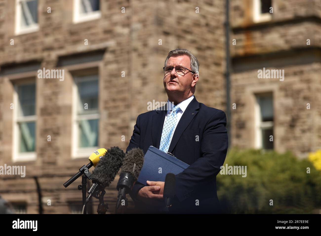 DUP leader Sir Jeffery Donaldson talking to the media at Stormont ...