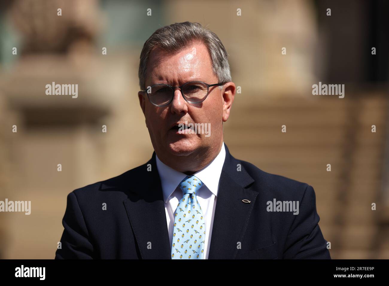 DUP leader Sir Jeffery Donaldson talking to the media at Stormont ...