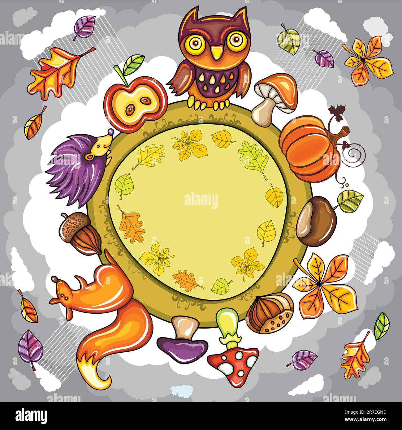 Autumn round planet with cute animals, leaves, mushrooms and other ...