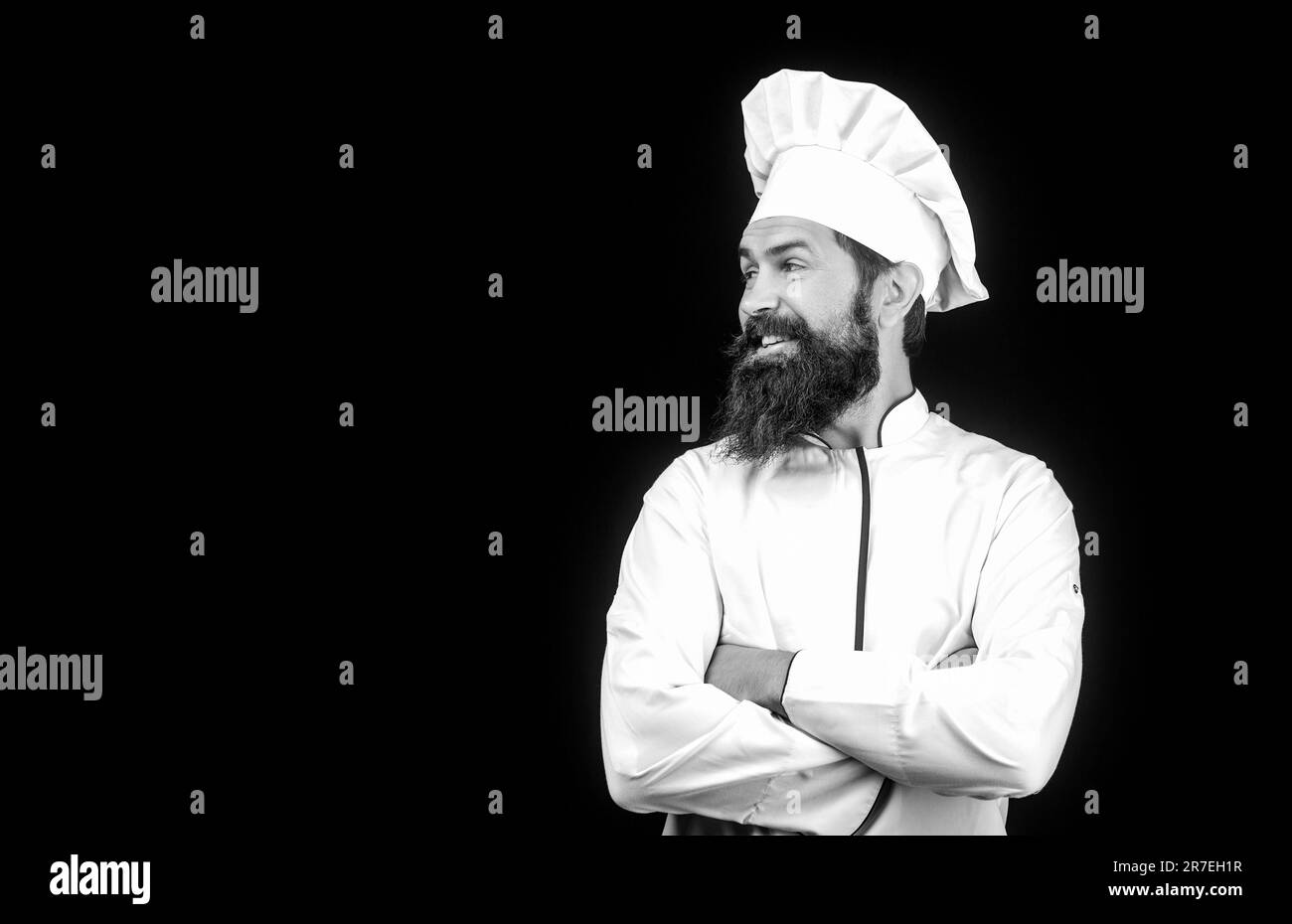 Funny chef with beard cook. Beard man and moustache wearing bib apron ...