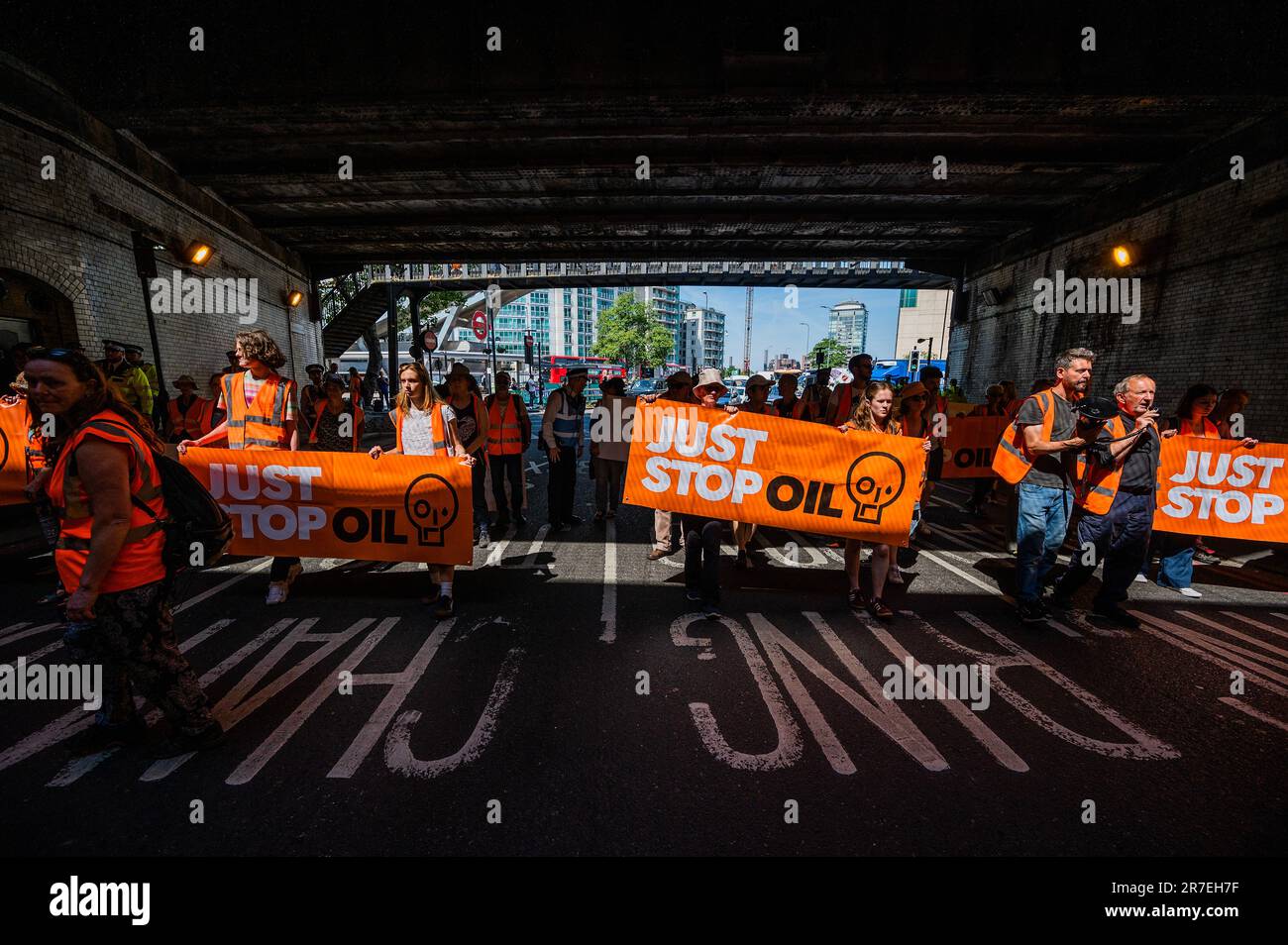 London, UK. 15th June, 2023. Just stop oil protest at Vauxhall Cross on ...