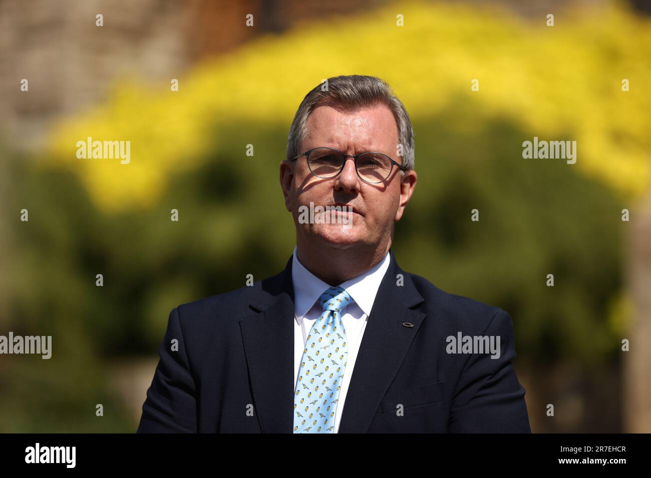 DUP leader Sir Jeffery Donaldson talking to the media at Stormont ...