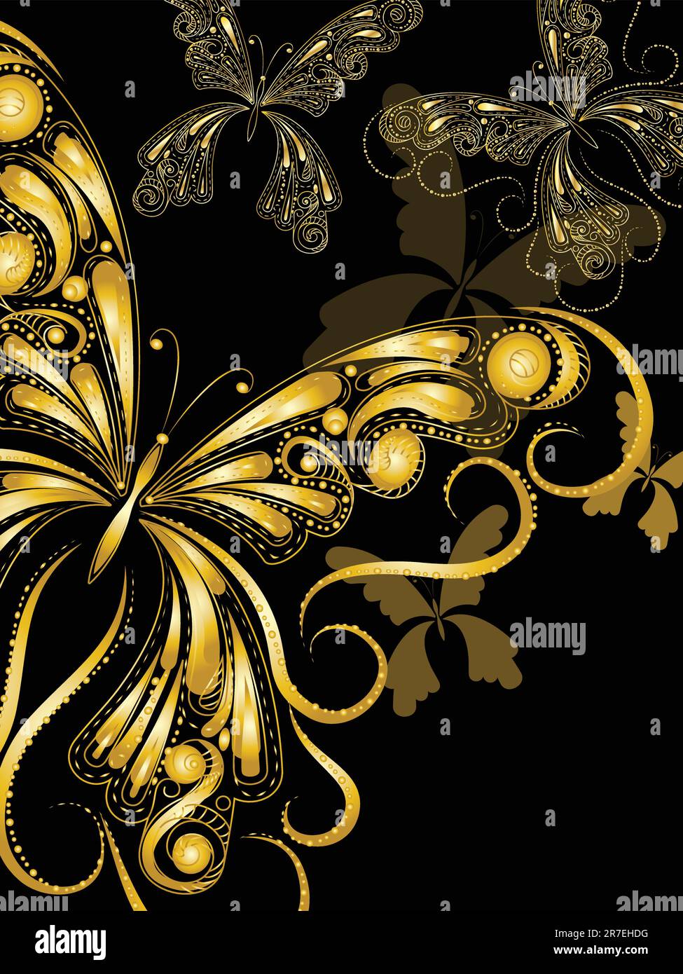 vector vintage golden butterflies with floral ornament on black ...