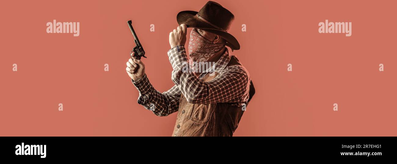 Cowboy wearing hat. Western life. Guy in cowboy hat. American bandit in ...