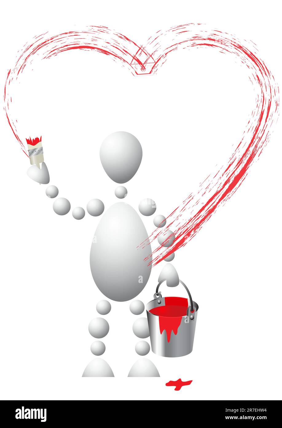 Man with a bucket of red paint draws the heart. Abstract 3d-human ...