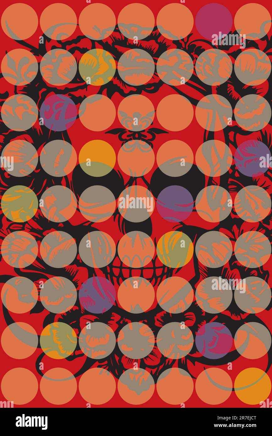 Decorative illustration, pop art dot pattern and hidden skull on red ...