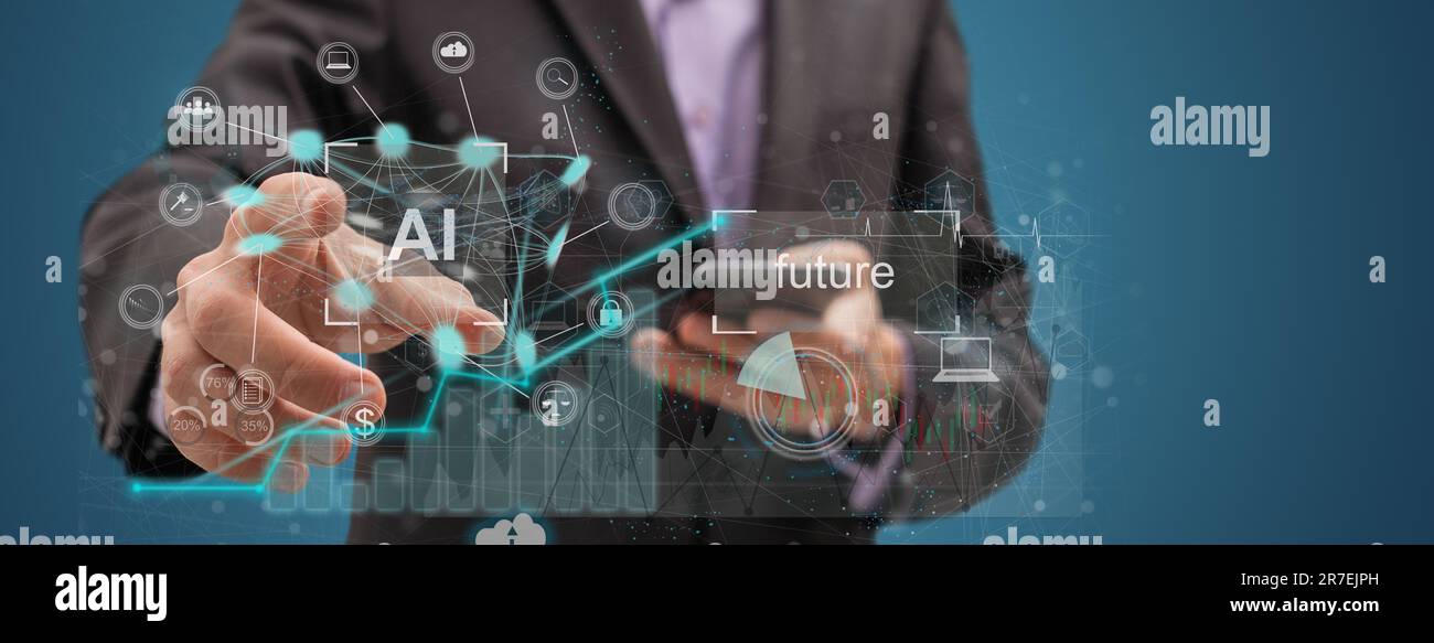 Artificial Intelligence conversation. Man using technology smart AI ...