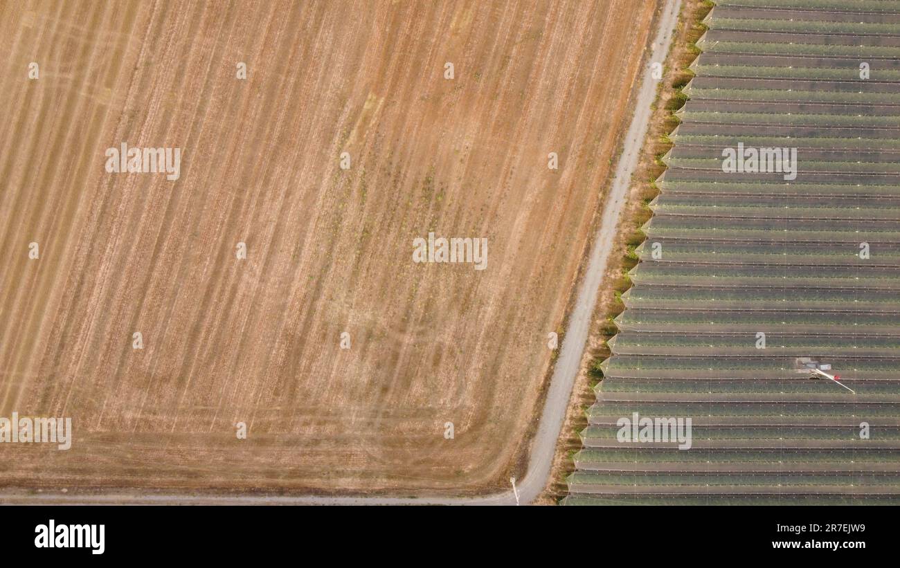 Aerial view of an agricultural landscape with multiple crops growing ...