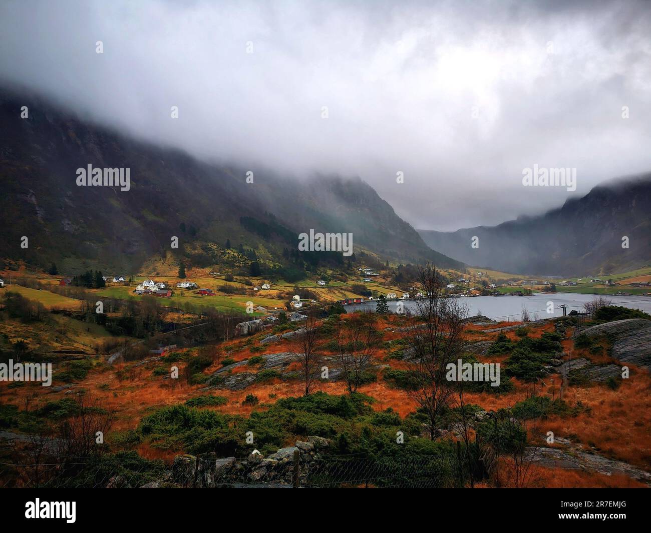 A breathtaking view of the Loen Lake and mountain in Scotland, under a ...