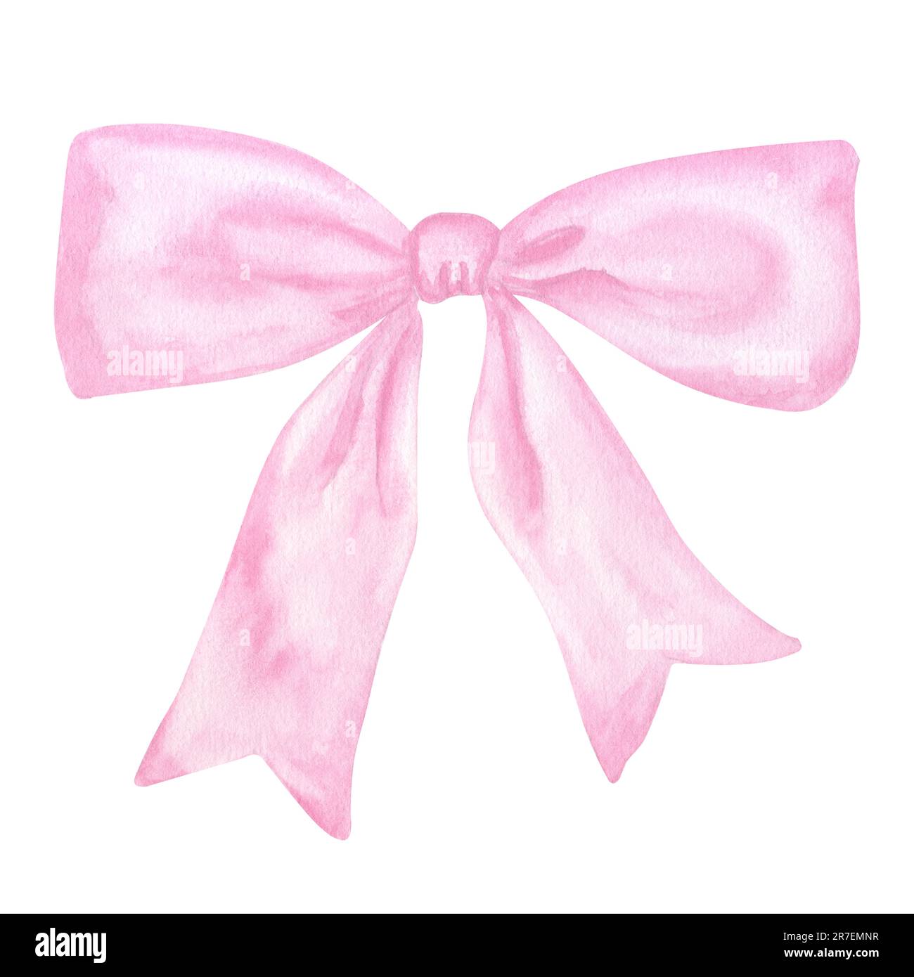 Decorative pink bow with long ribbon. Accessory little girl. Hand drawn watercolor illustration ...