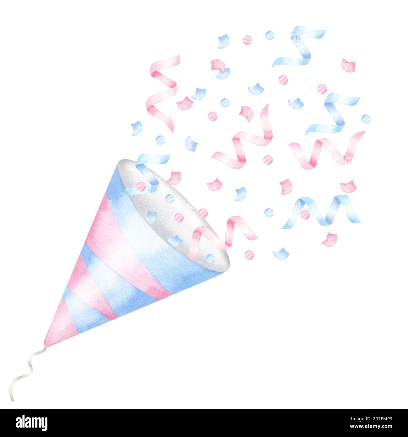 Pink blue party poppers with confetti. Hand drawn watercolor ...