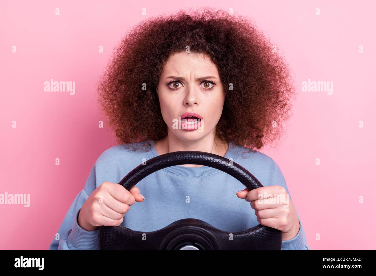 Photo of young funny excited woman breakdown road hold steering wheel ...