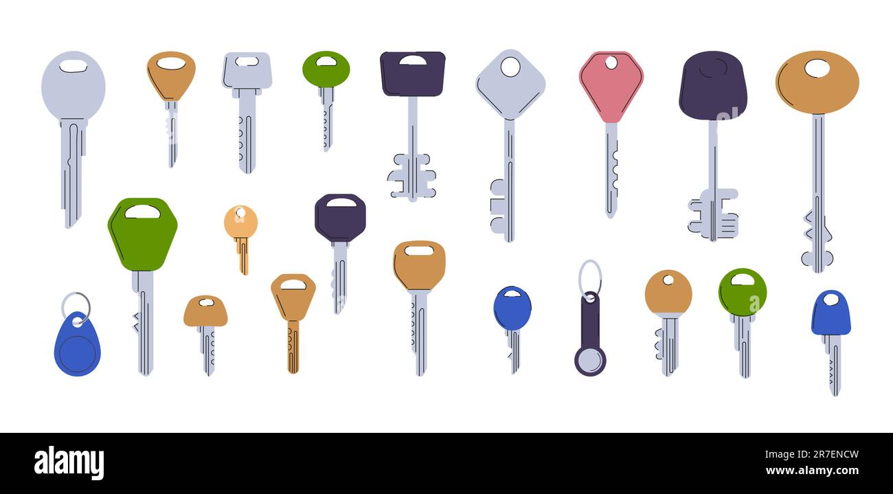 Door keys vector set. Modern keys different ornament heads. Metal ...