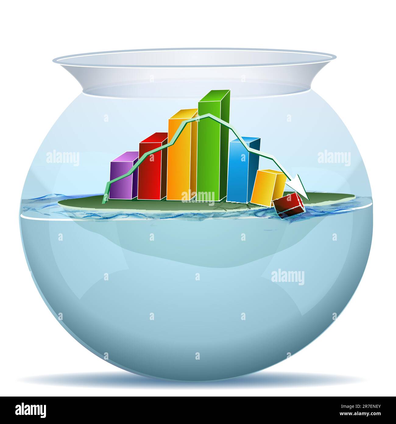 illustration of business graph crashing in water tank on white ...