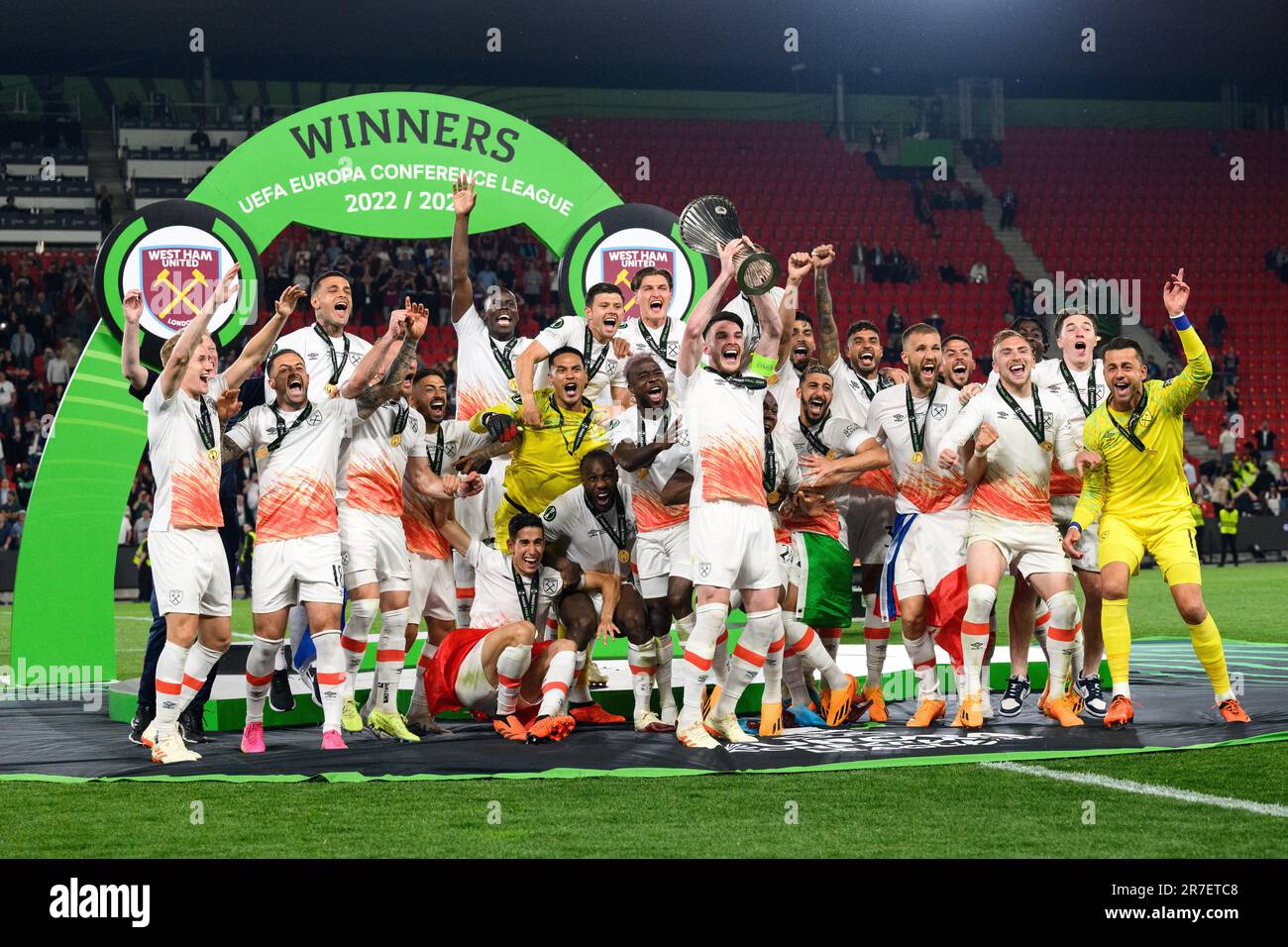 Prague, Czech Republic, June 7th 2023: Declan Rice (41, West Ham) lifts ...