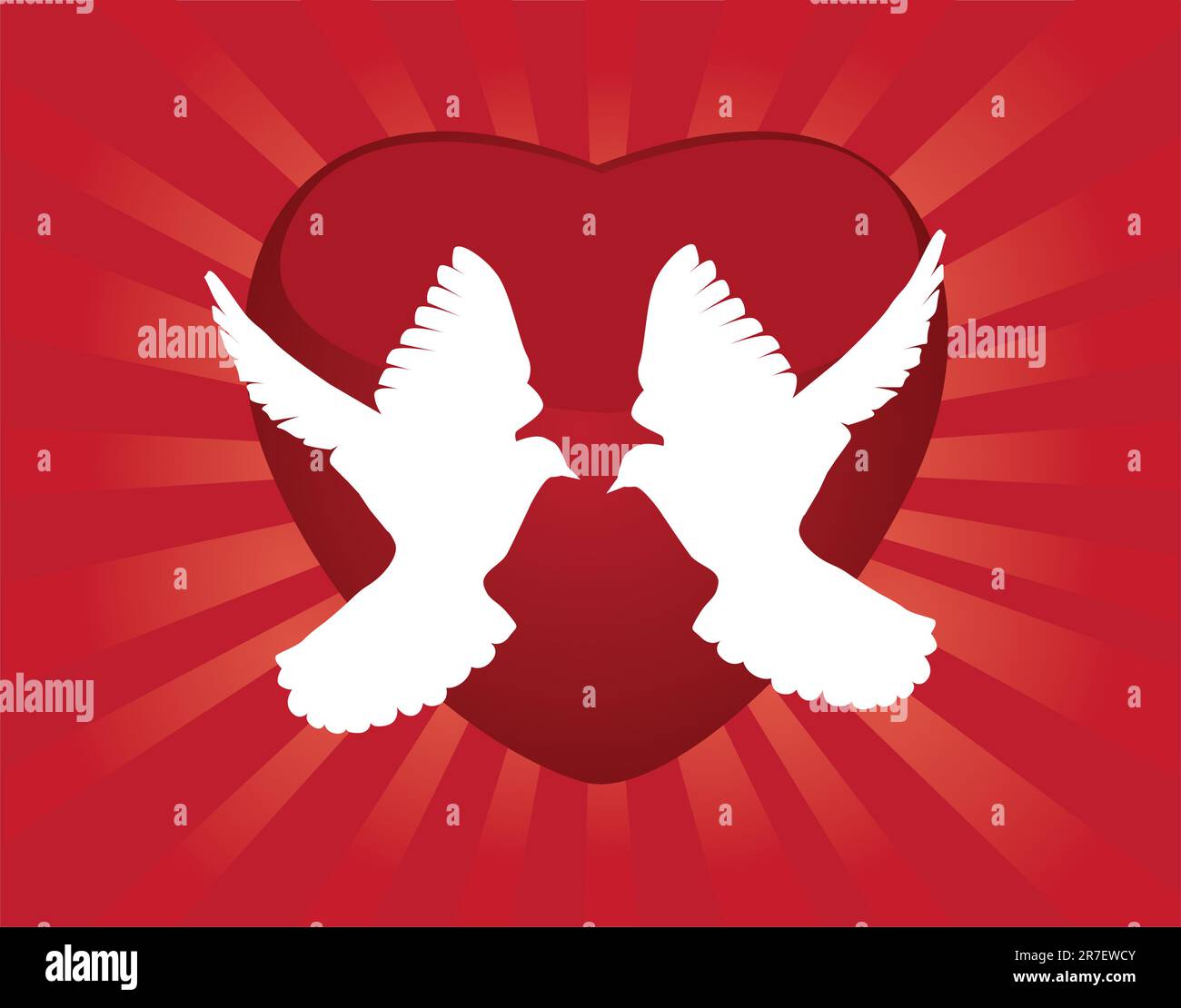 vector illustration of white doves and red heart with light burst ...