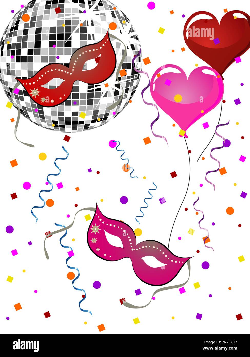 vector eps 10 illustration of a silver mirror ball, masks and balloons ...