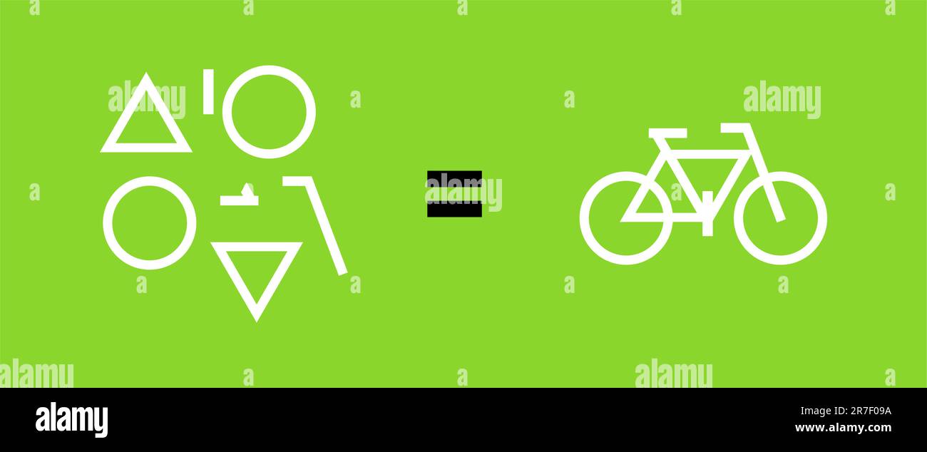 Different geometric shapes, equal sign, a bike. Green background ...