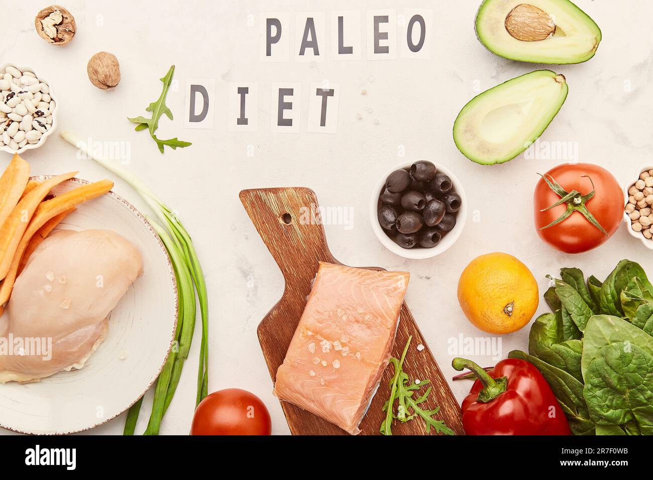 Paleo Diet text with ingredients - chicken meat, smoked salmon ...