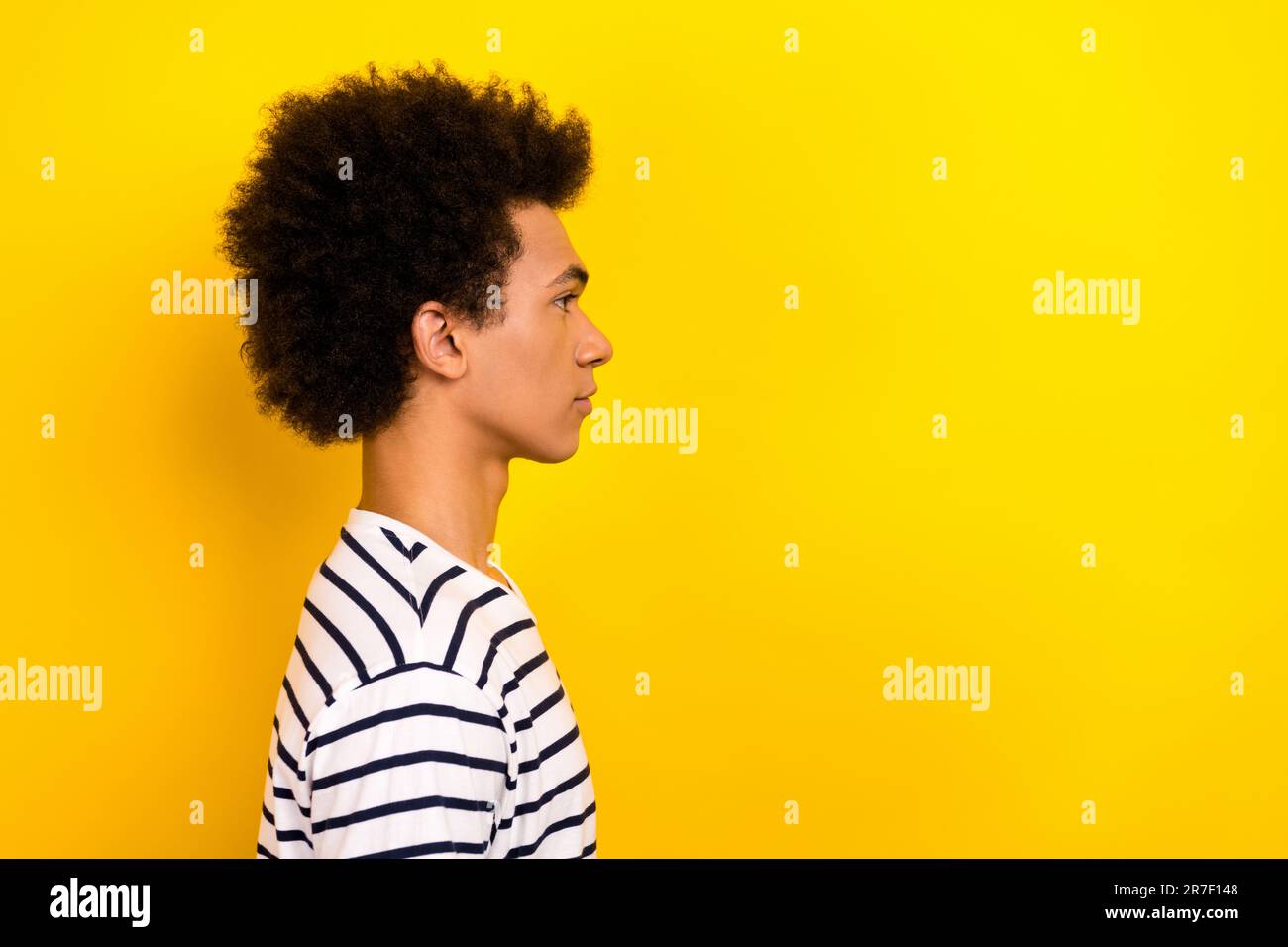 Profile photo portrait student guy stand side queue up look empty space ...