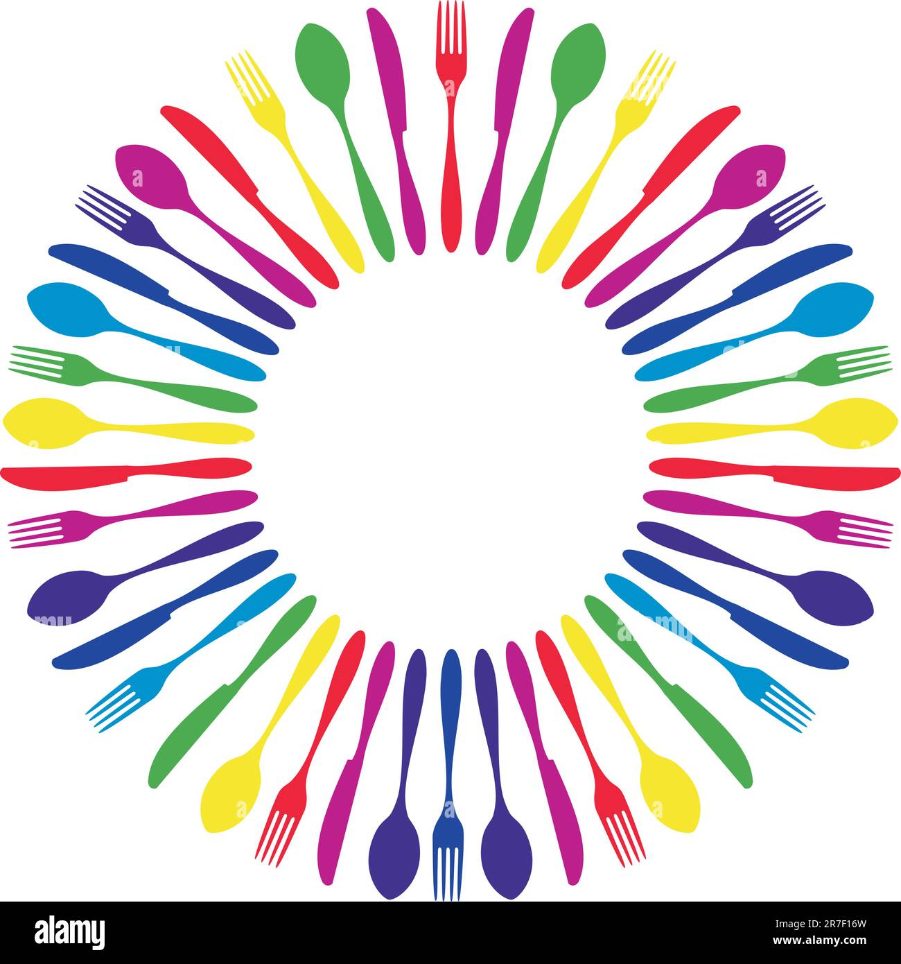 Cutlery icons. Colorful cutlery silhouettes in circle on white ...