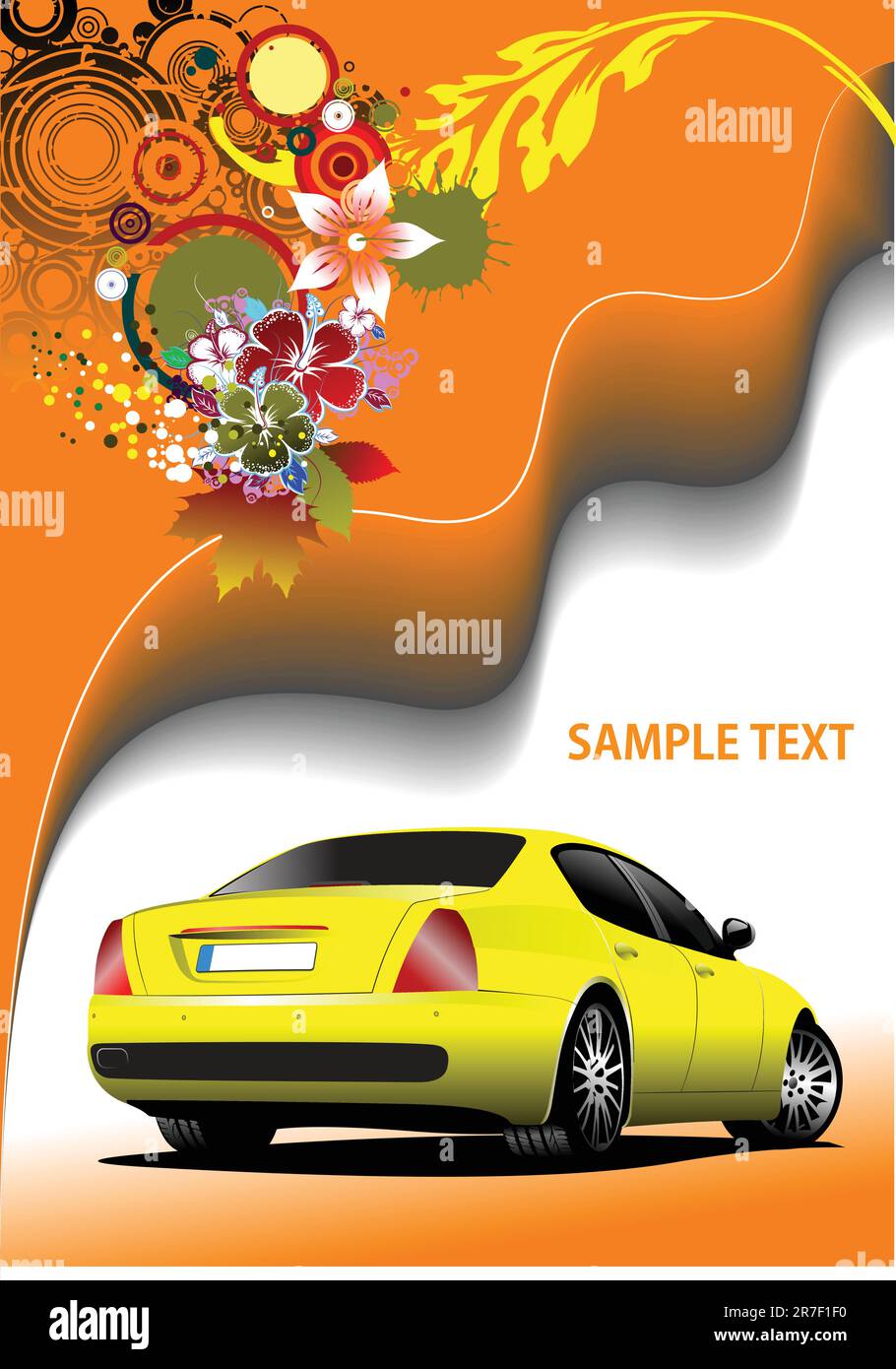 Floral background with yellow car image. Vector illustration ...