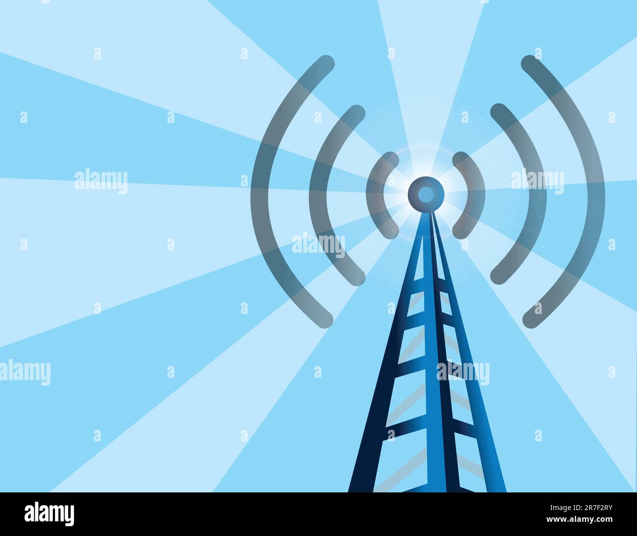 Blue wireless technology tower background with rays of light Stock ...