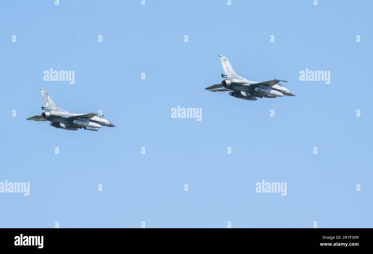 Graben, Germany. 15th June, 2023. Two Greek "F-16" aircraft fly over ...