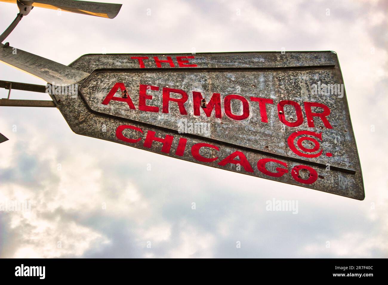 A windmill blade with red text: Aermotor Chicago. Aermotor Windmill ...