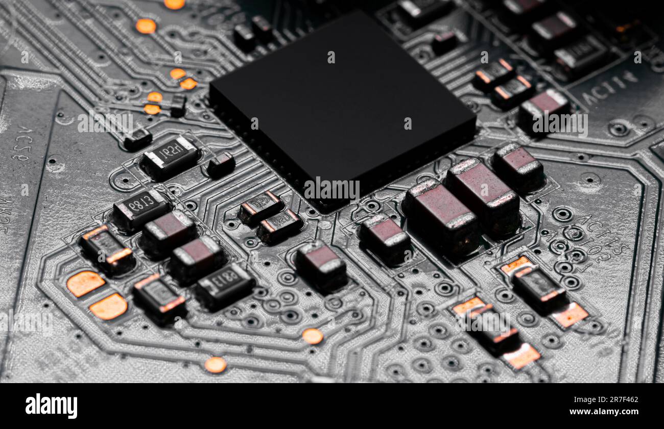 Macro Close up of components and microchips on PC circuit board Stock ...