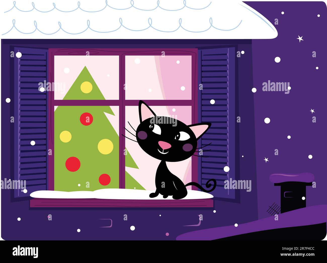 Cute happy black cat looking inside the window. Vector Illustration ...