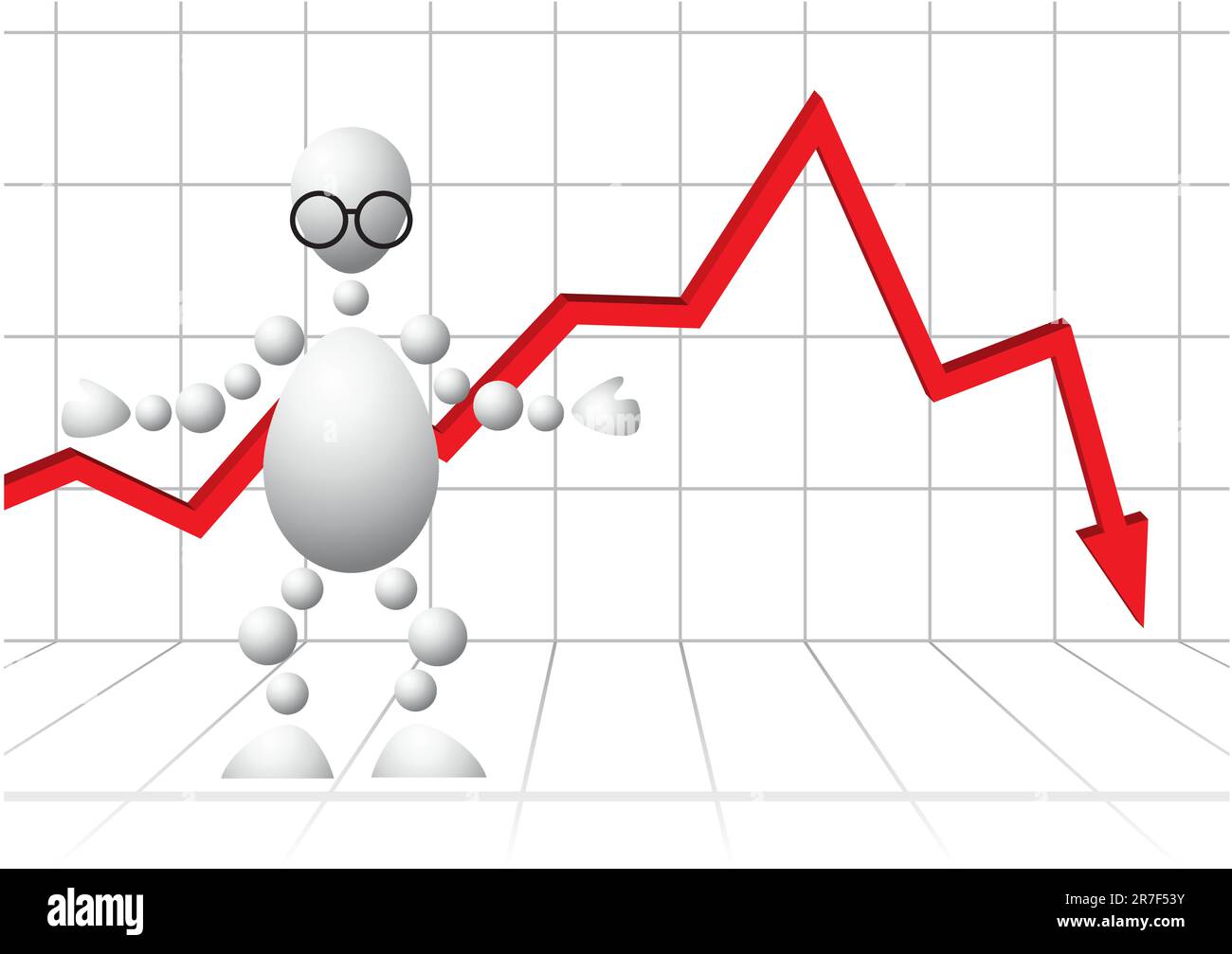 Man in glasses as loser-analyst on red graph backdrop. Abstract 3d ...