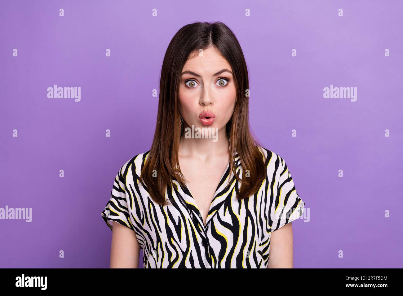 Photo of shocked speechless lady pouted lips staring cant believe ...