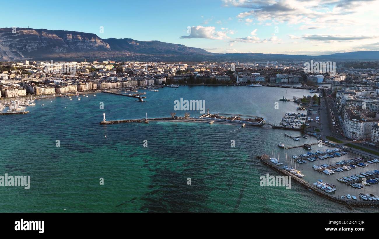 Aerial view at Geneva Water Fountain in Geneva Lake, Switzerland Stock ...