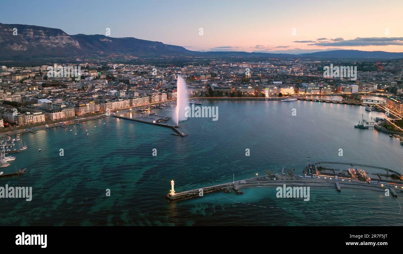 Aerial view at Geneva Water Fountain in Geneva Lake, Switzerland Stock ...
