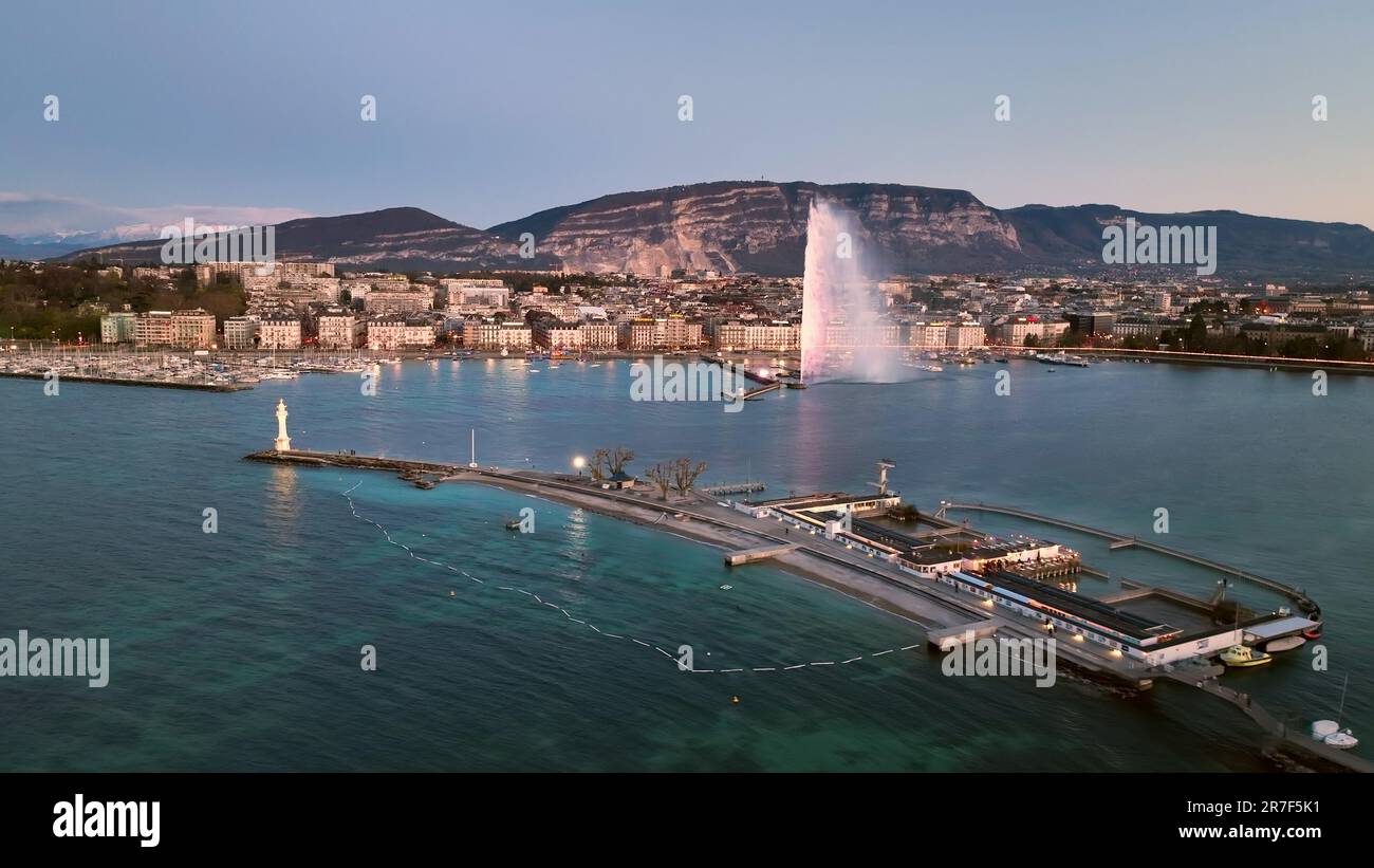 Aerial view at Geneva Water Fountain in Geneva Lake, Switzerland Stock ...