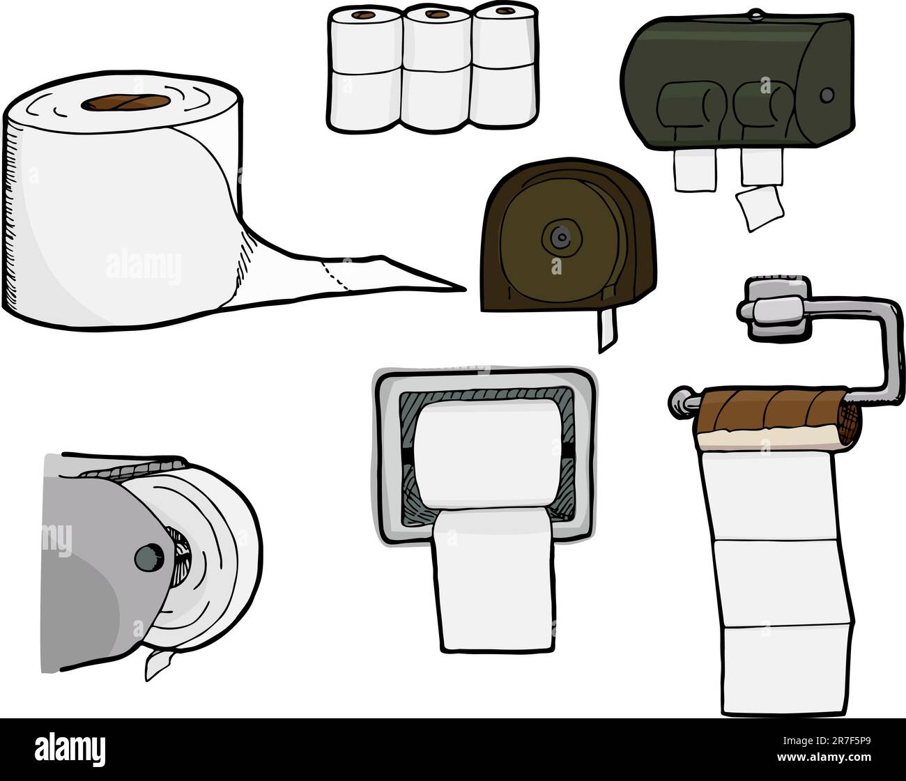 Set of 7 isolated, hand-drawn rolls of bathroom tissue and toilet paper ...