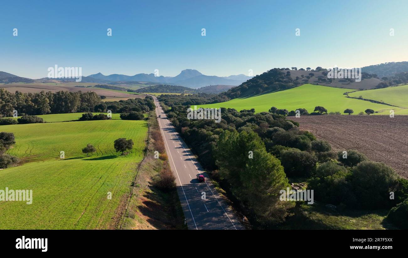 Aerial view Car Driving on Country Road. modern vehicle riding fast ...
