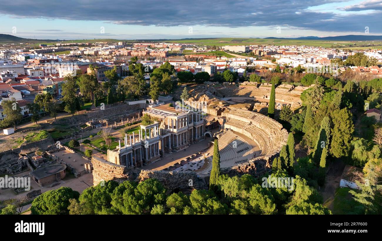 aerial view of old Roman Theatre of Merida spanish cultural icon ...