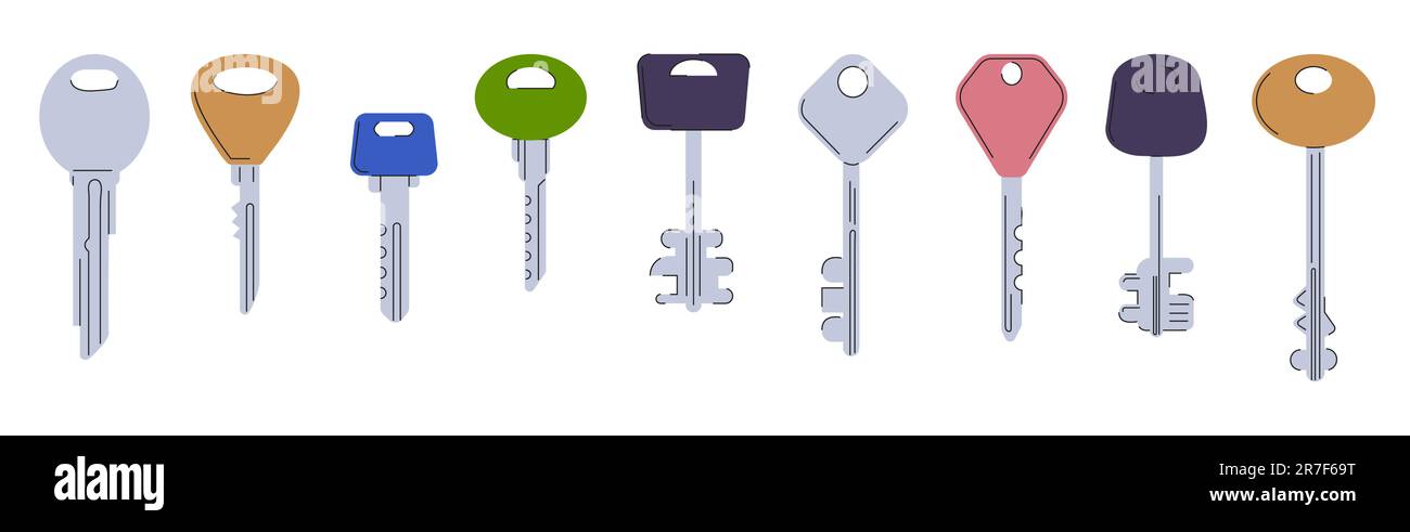 Door keys vector set. Modern keys different ornament heads. Metal ...