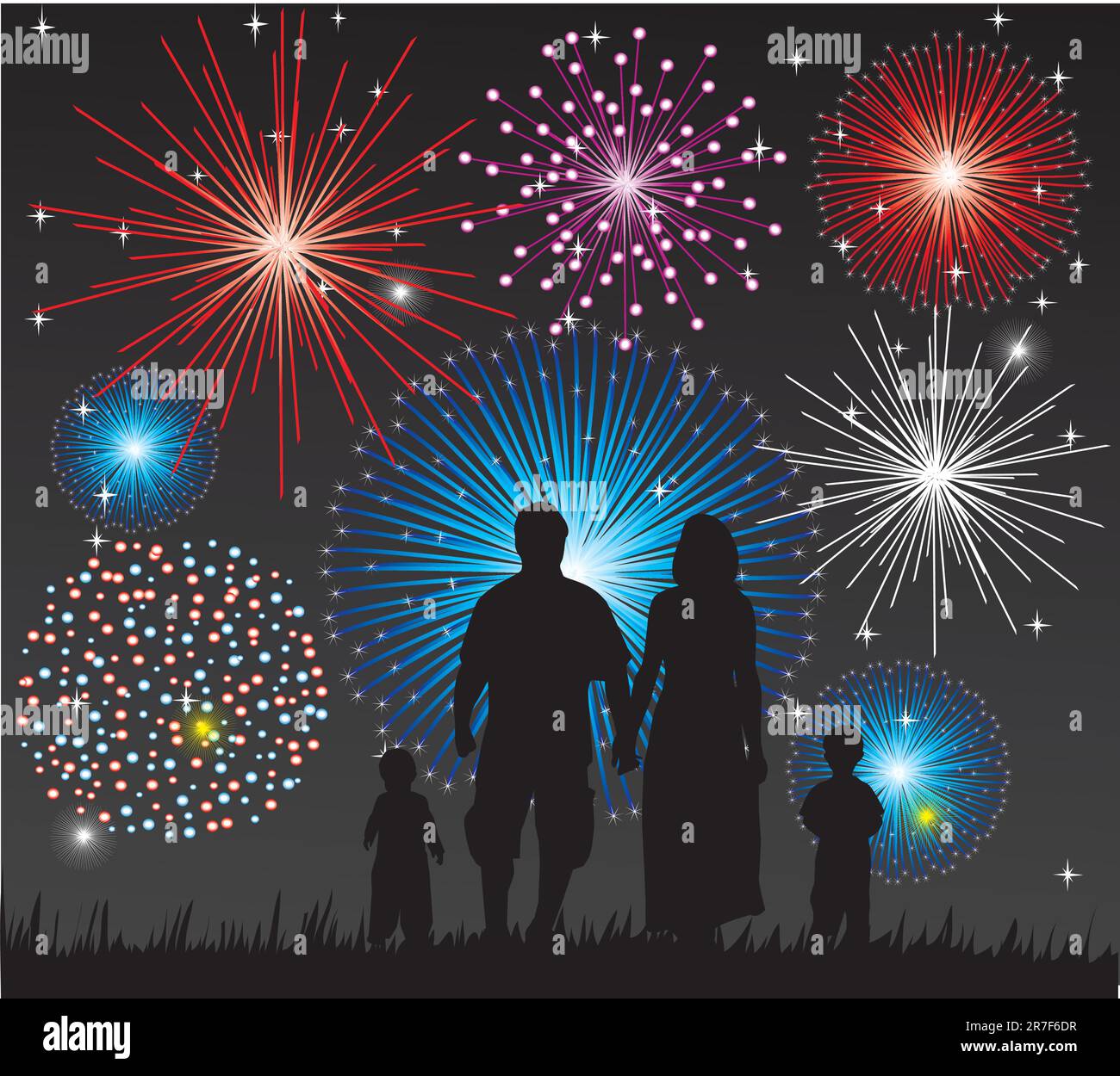 vector illustration of a happy family watching fireworks Stock Vector ...