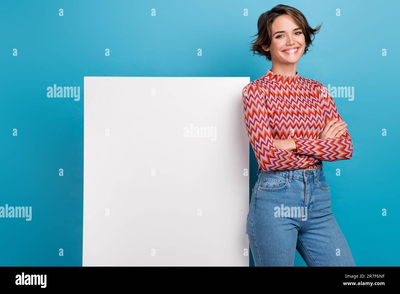 Photo of pretty confident woman dressed pink shirt arms crossed placard ...
