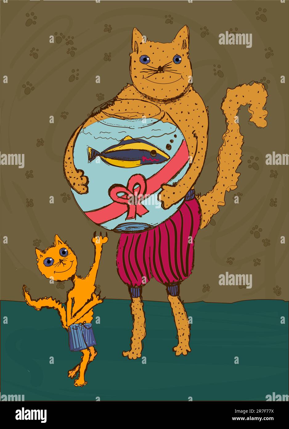 Hand drawn illustration of a little cat getting a gift from his father ...