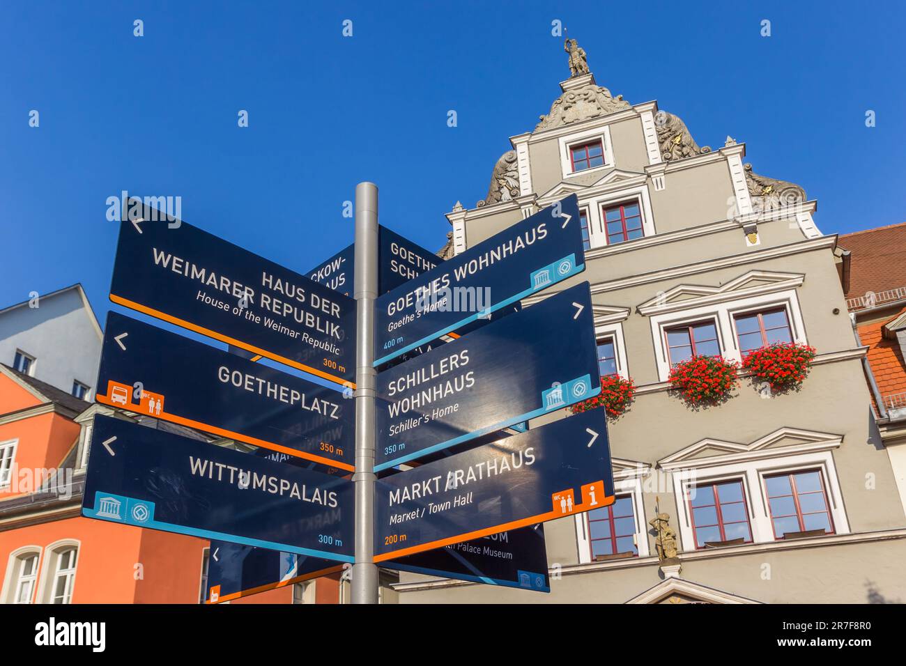 Tourist information sign in front of a historic building in Weimar ...
