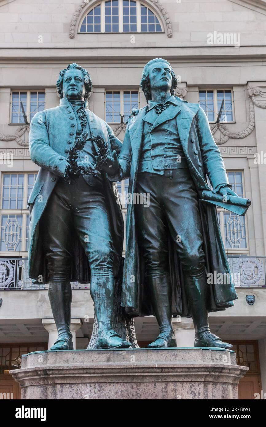 Statue of famous german writers Goethe and Schiller in Weimar, Germany ...