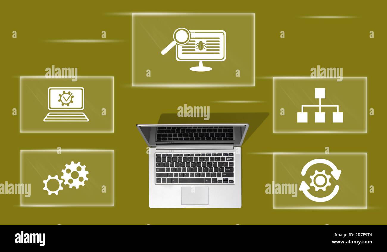 Top view of laptop with symbol of software testing concept Stock Photo ...