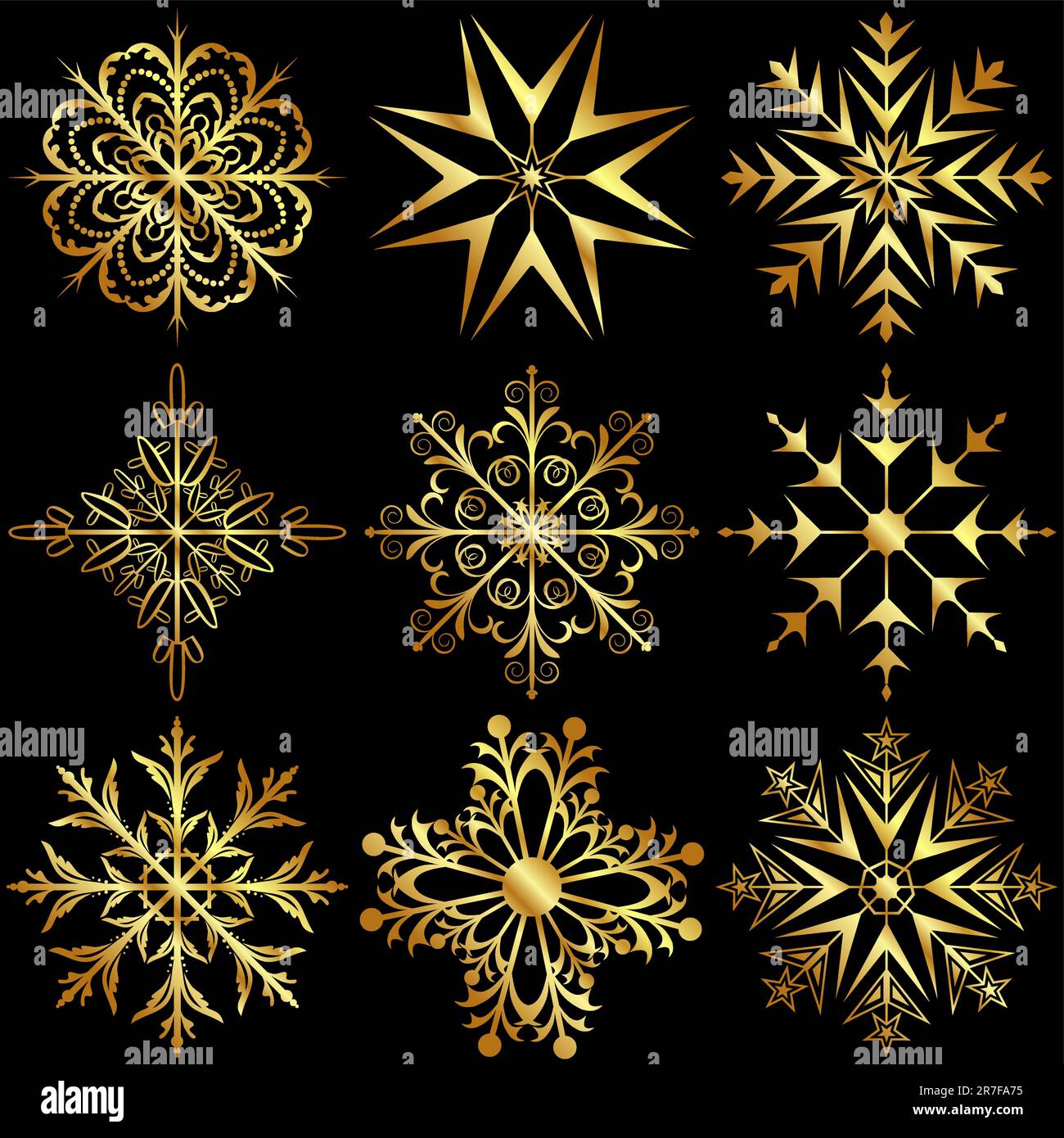 Illustration set large gold snowflakes isolated on black background ...