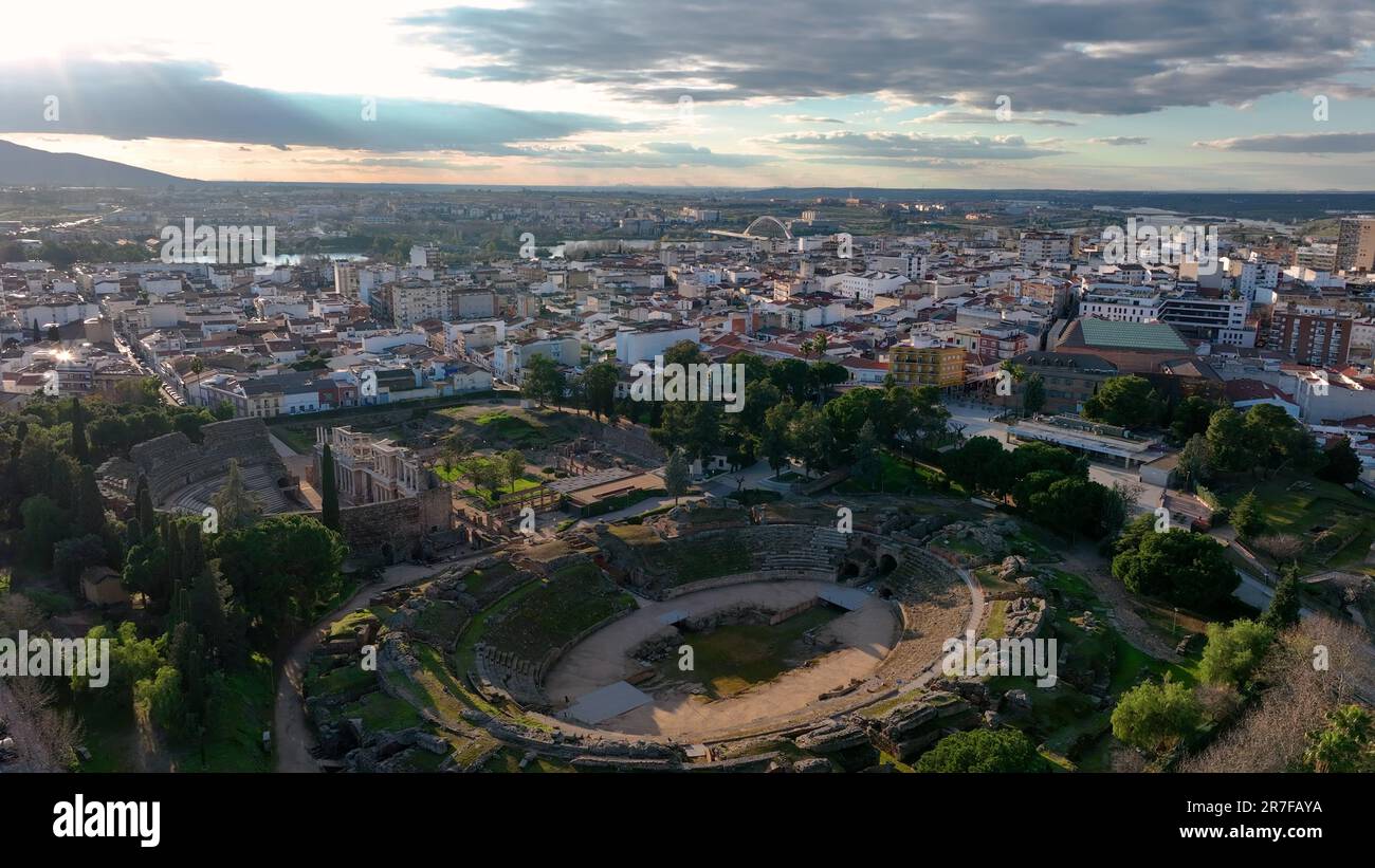 aerial view of old Roman Theatre of Merida spanish cultural icon ...